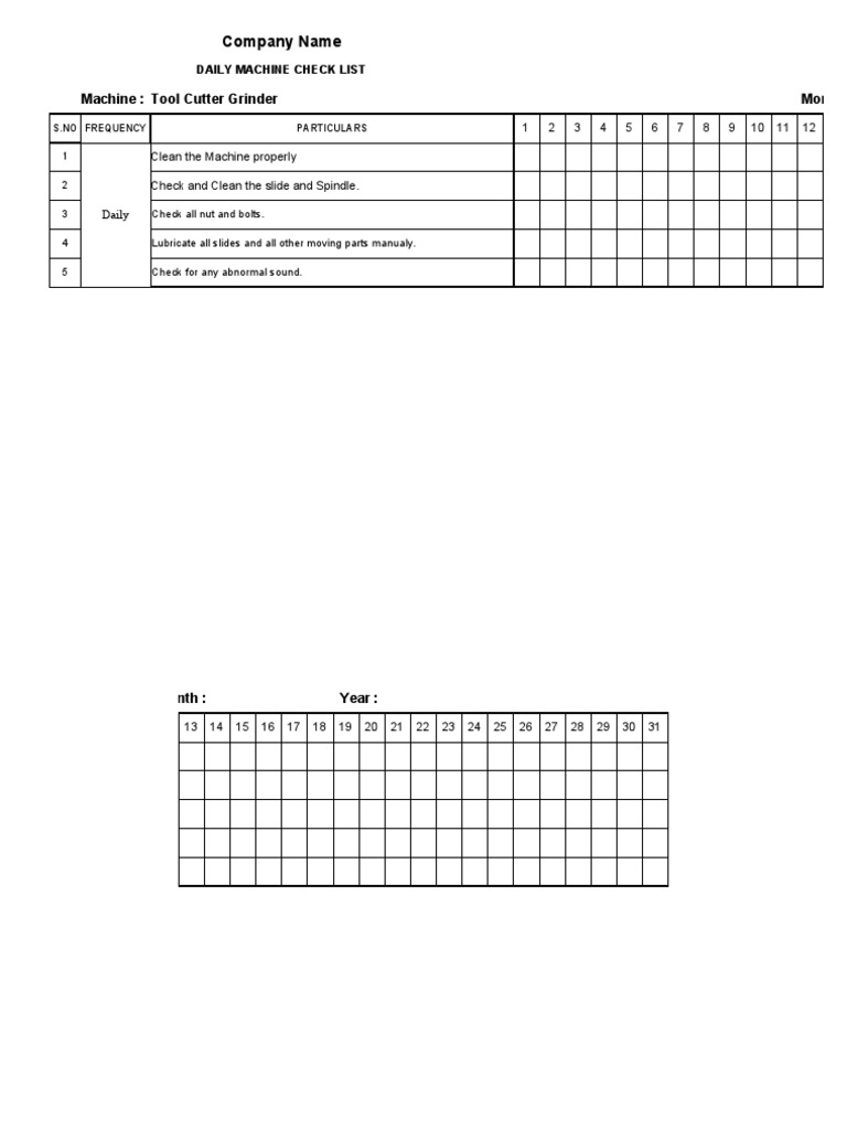 Daily Machine Check List - Tool Cutter Grinder | PDF
