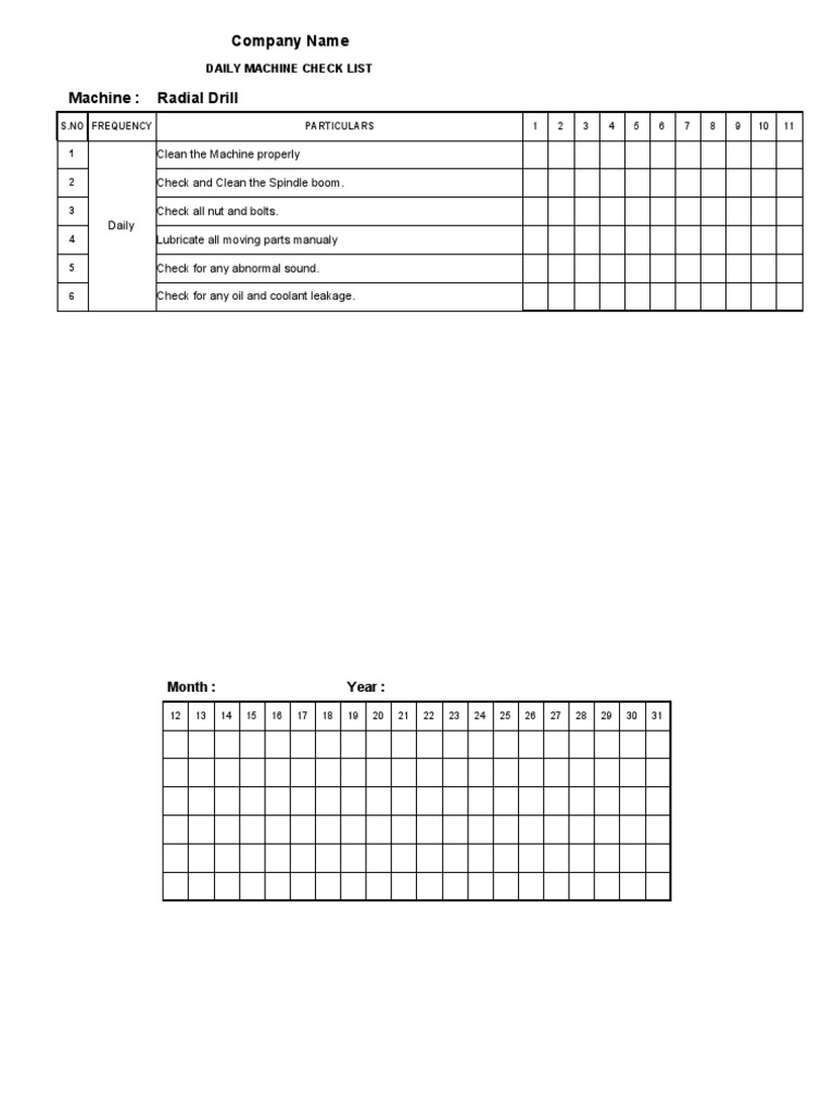 Daily Machine Check List - Radial Drill | PDF | Drill | Industrial ...