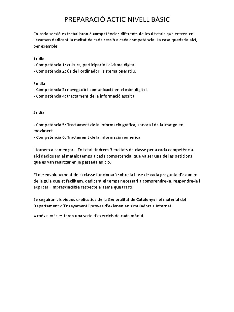 Organització Classes ACTIC Bàsic | PDF