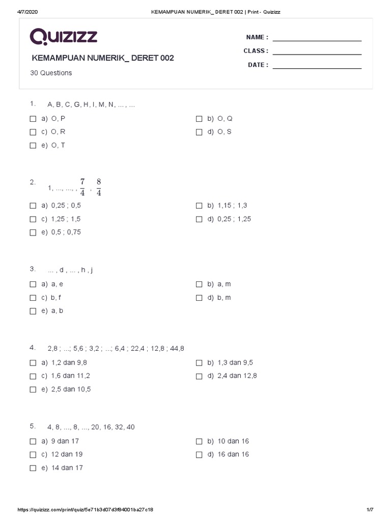 Kemampuan Numerik - DERET 002 - Print - Quizizz (Up) | PDF
