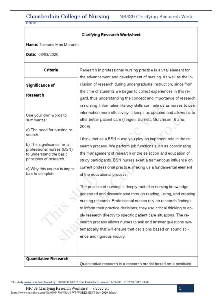 NR439 Week 5 Research Worksheet | PDF | Nursing | Sampling (Statistics)