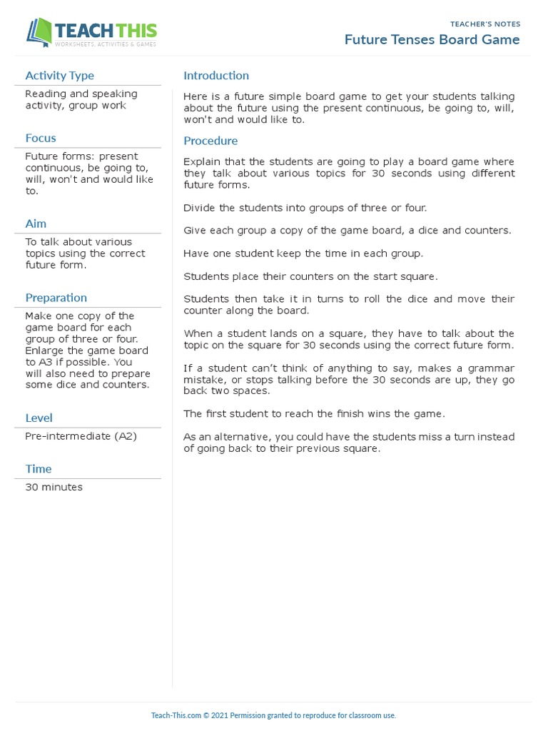 Future Tenses Board Game: Activity Type | PDF