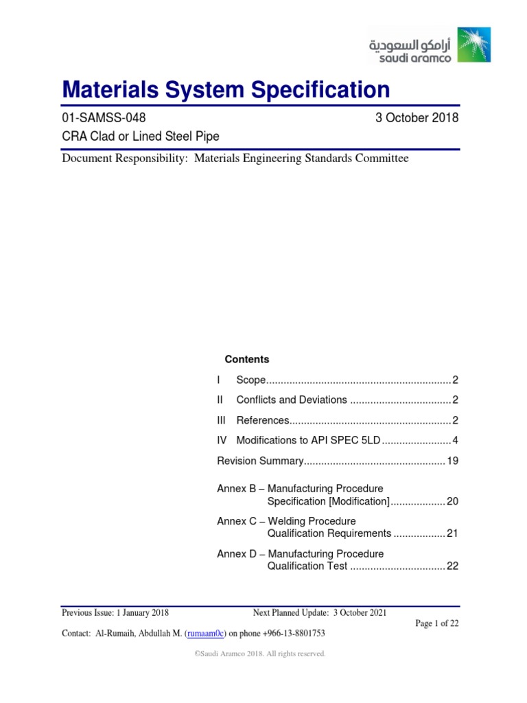 01-SAMSS-048 2018 CRA Clad or Lined Steel Pipe | PDF | Pipe (Fluid Conveyance) | Construction