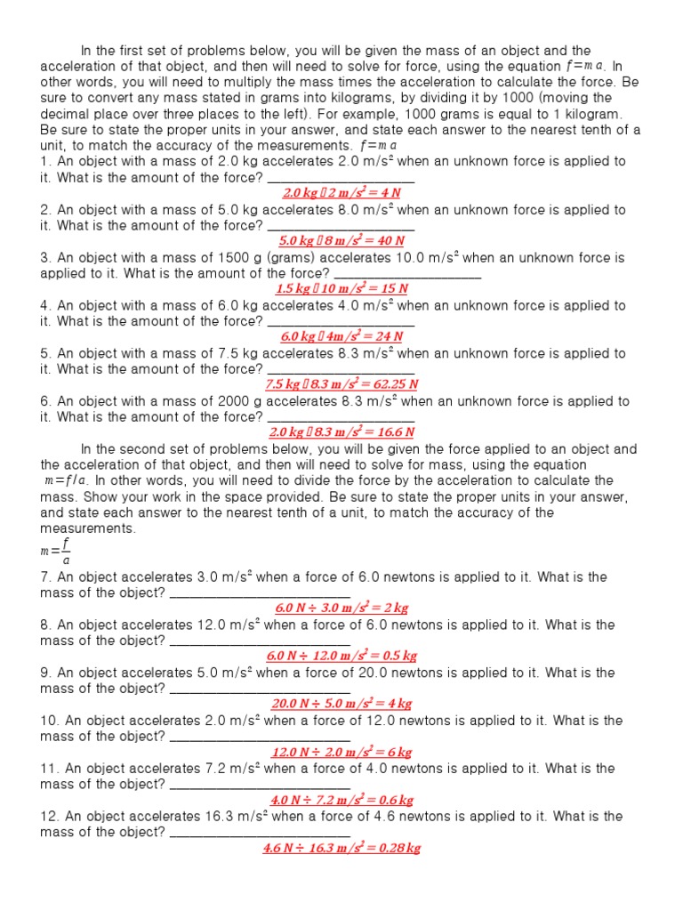 Acceleration Force Mass Word Problems | PDF | Mass | Force
