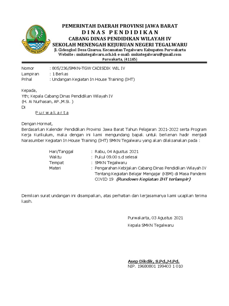 Undangan In House Training SMKN Tegalwaru | PDF | Karier & Perkembangan ...