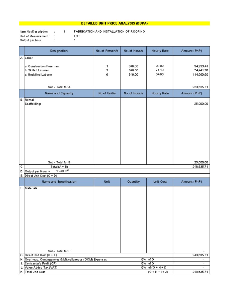 Detailed Unit Price Analysis (Dupa) | PDF