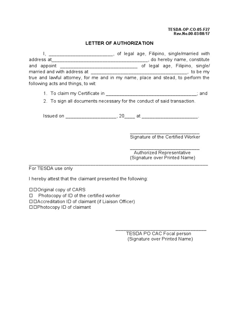 Letter of Authorization - TESDA | PDF