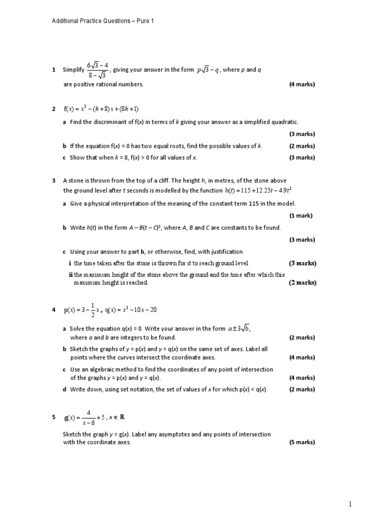 Year 12 Pure 1 Revision Worksheet 1 | PDF | Quadratic Equation ...