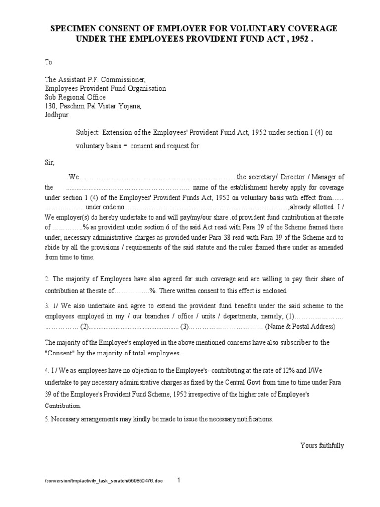 Specimen Consent of Employer For Voluntary Coverage Under The Employees ...