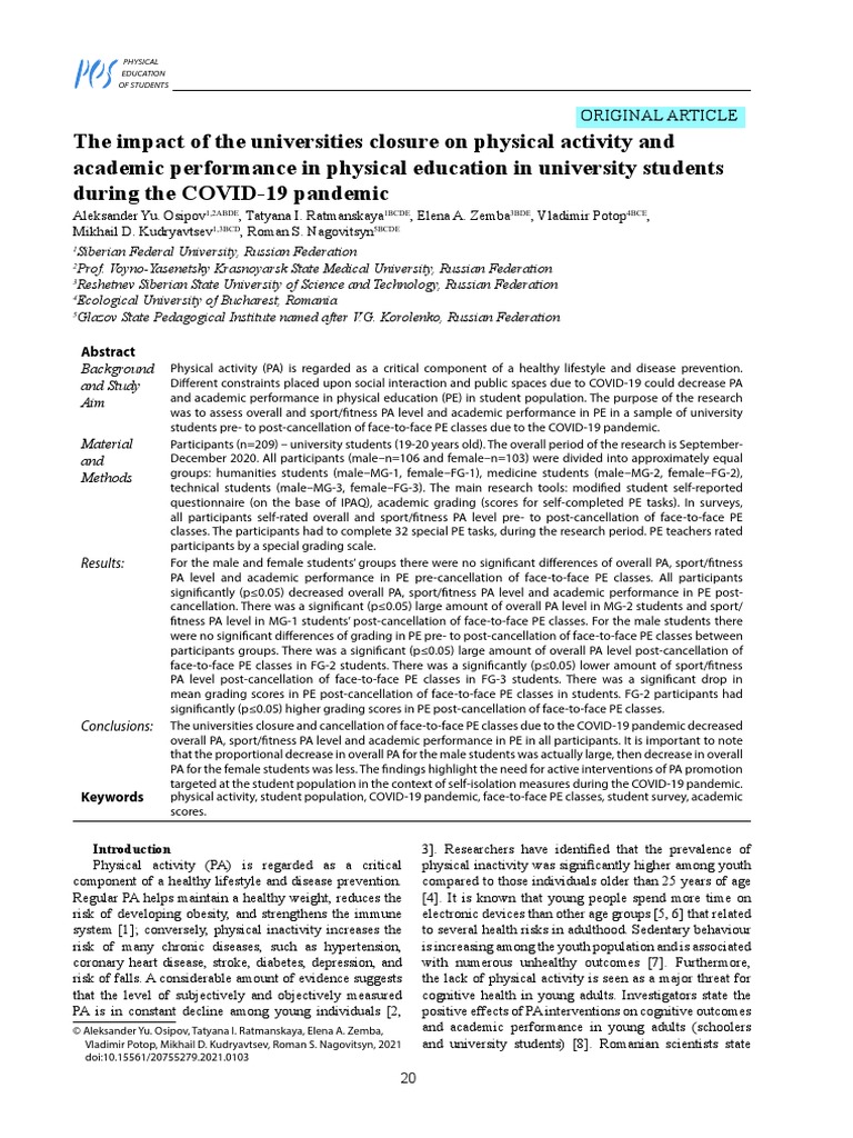 The Impact of The Universities Closure On Physical Activity and ...
