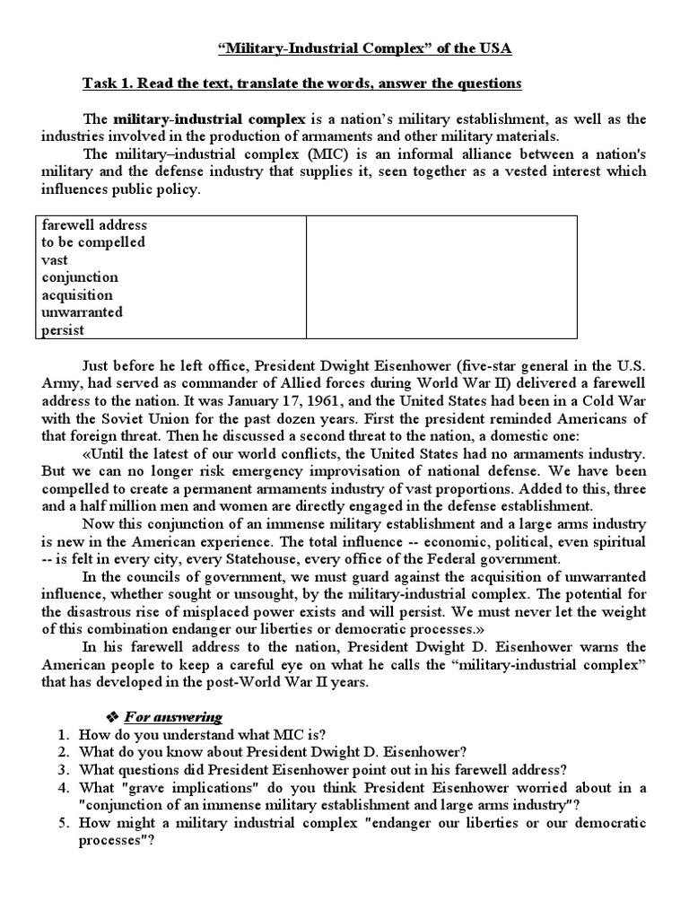 "Military-Industrial Complex" of The USA Task 1. Read The Text ...