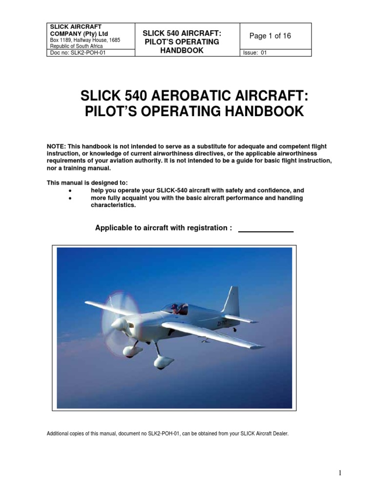 Slick 540 Aerobatic Aircraft Pilots Operating Handbook-AERO-CAM (Pty ...