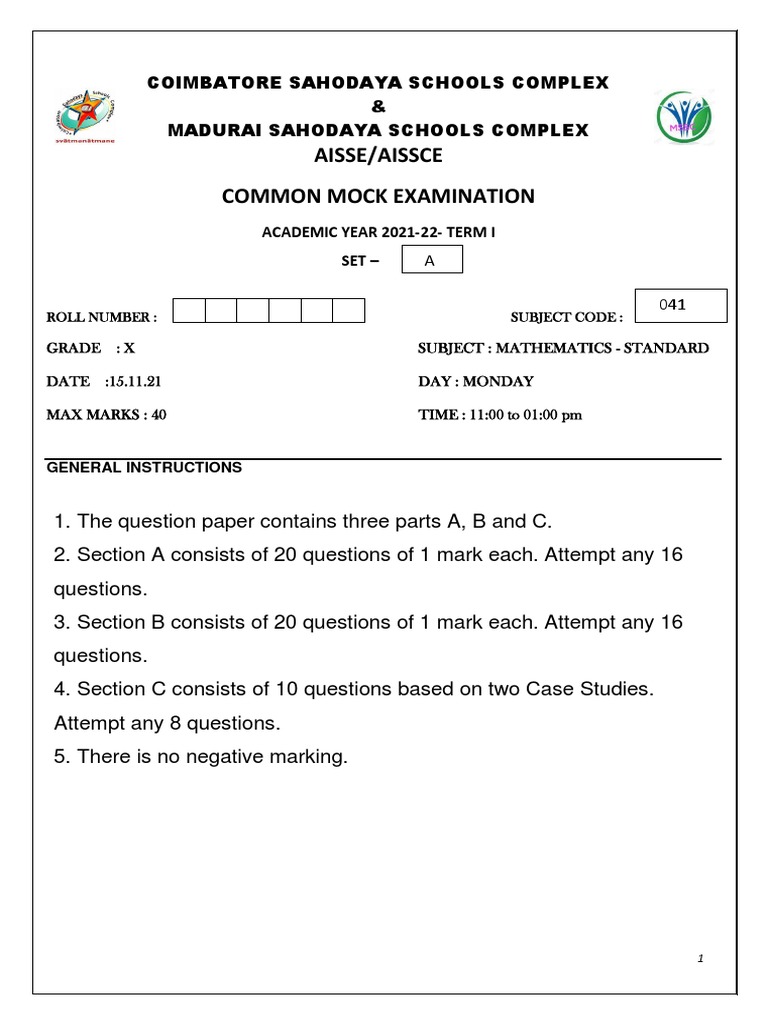 X Maths Standard QP Set A | PDF | Area | Circle