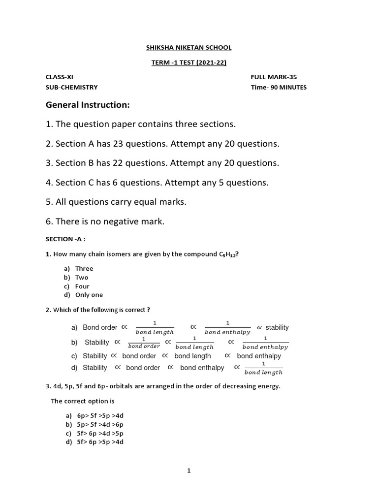 Class 11sc 2021 Paper | PDF | Chemical Bond | Covalent Bond