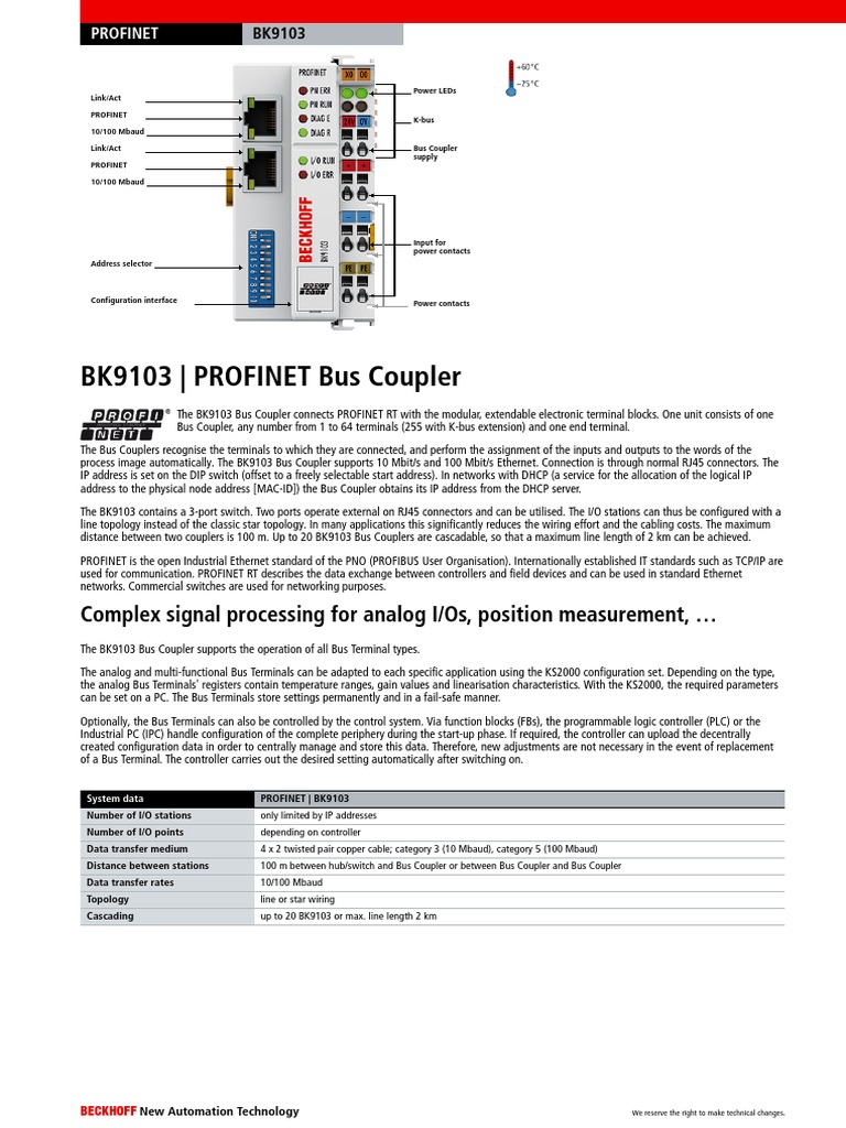 Beckhoff BK9103 Profinet Bus Coupler | PDF | Network Topology | Ethernet
