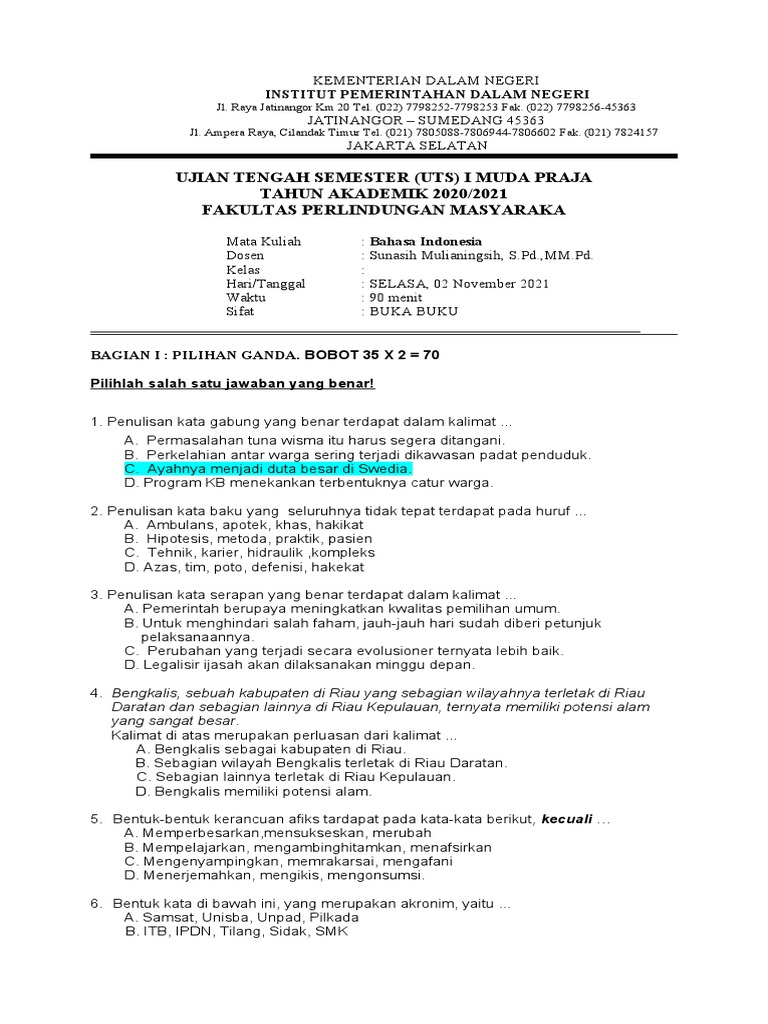 Soal Uts Bahasa Indonesia Laporan Ke FPM | PDF