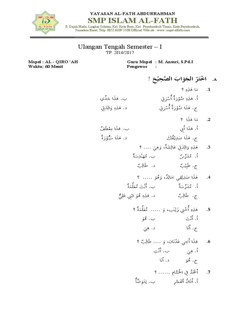 Soal Uts I Kelas Vii Al Qiraah Pdf