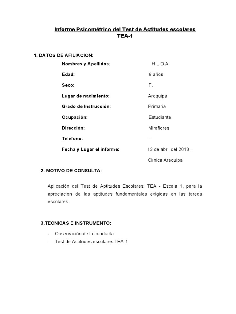Informe Psicométrico Del Test de Actitudes Escolares TEA 1 | PDF ...