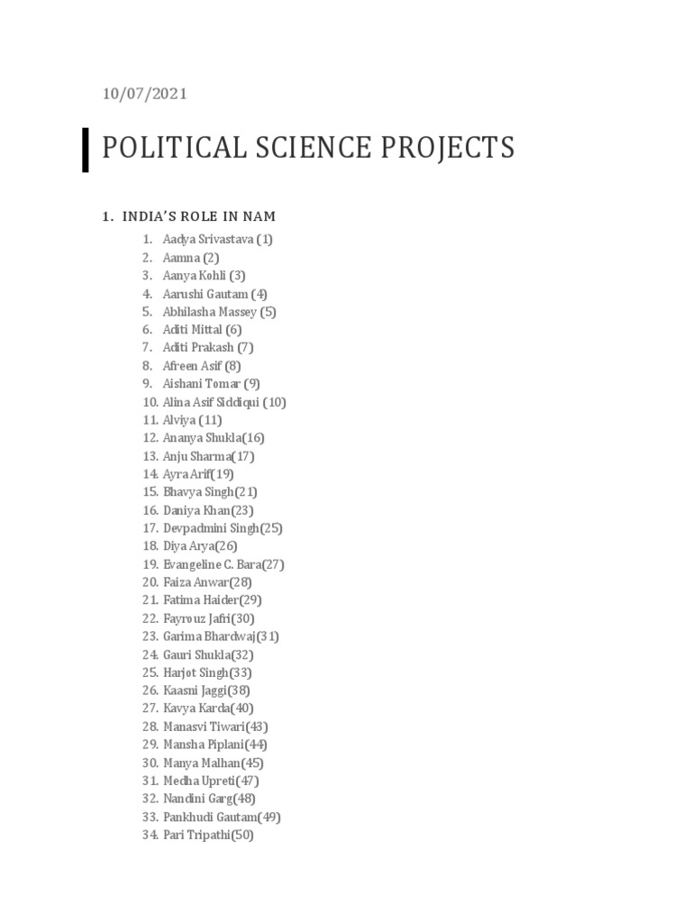 Political Science Projects: 1. India'S Role in Nam | PDF
