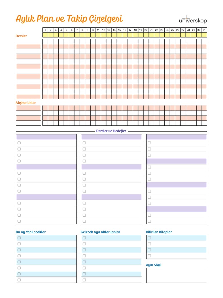 Universkop Tyt Ayt Aylik Plan Ve Takip Cizelgesi Renkli | PDF