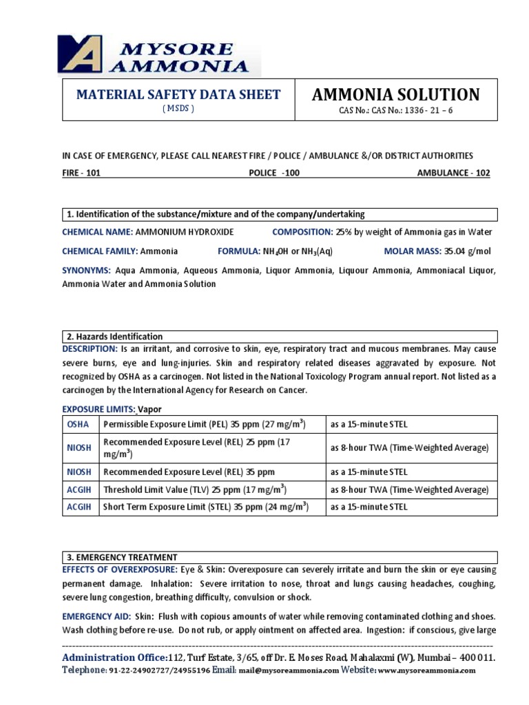 Aqueous Ammonia Msds | PDF | Ammonia | Chlorine