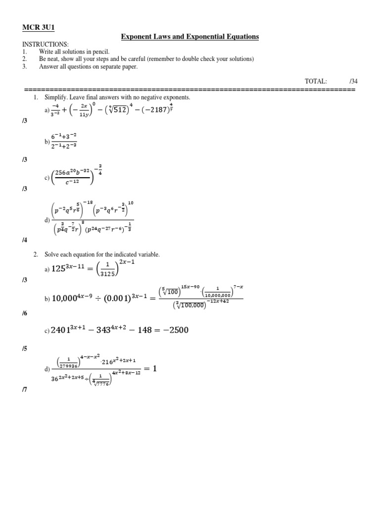 Exponent Laws and Exponential Equations | PDF