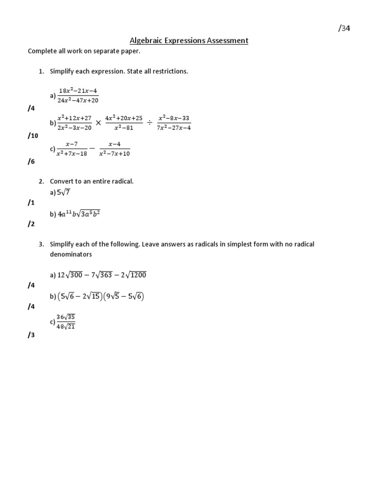 Algebraic Expressions Assessment 2 | PDF