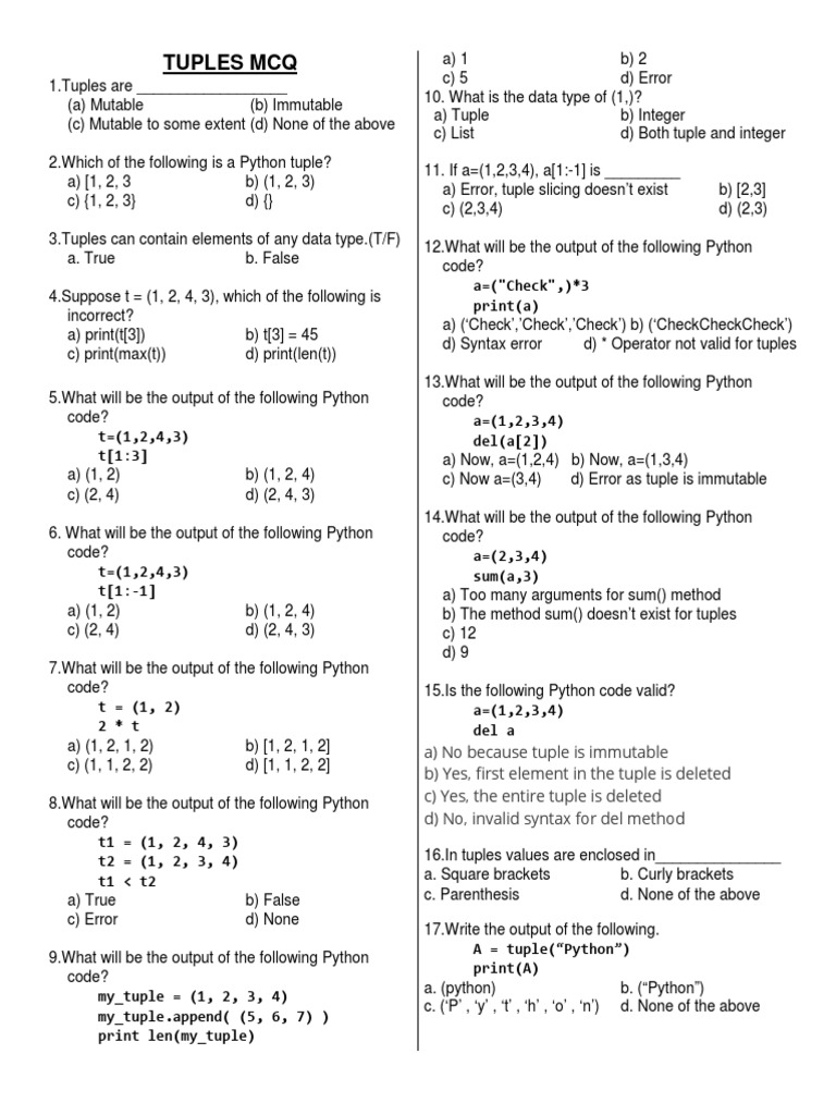 Python Tuples, Lists and Dictionary MCQ CS 12 | PDF | Bracket ...