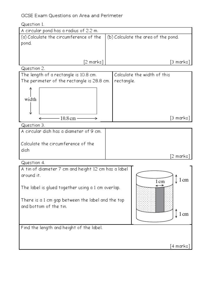 Gcse Exam Questions on Area and Perimeter | Area | Sphere