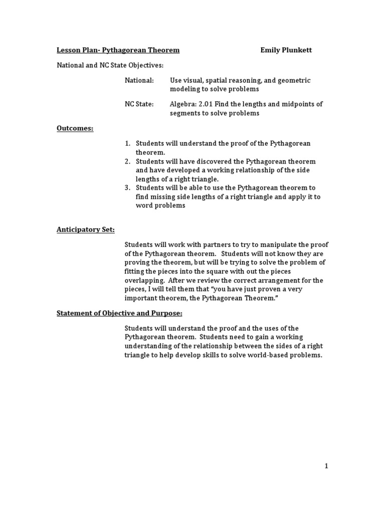 Lesson Plan Pythagorean Theorem Emily Plunkett | PDF | Pythagoras ...