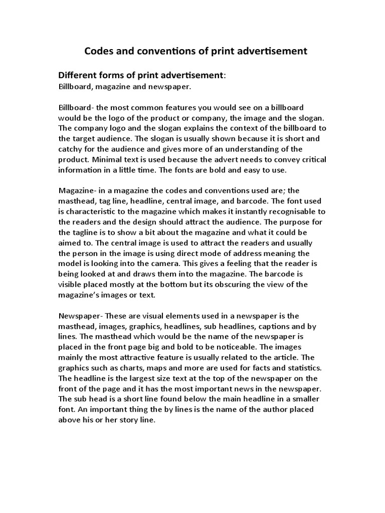 Codes and Conventions of Print Advertisementt | PDF | Advertising ...