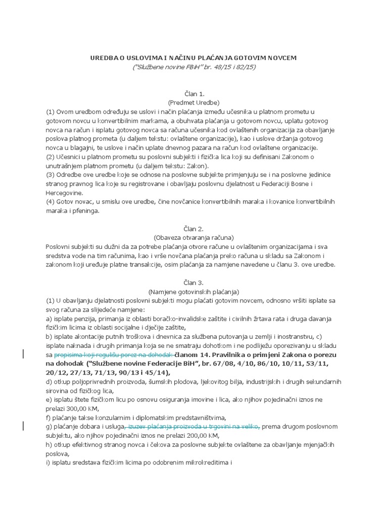 Uredba o Uslovima I Nacinu Placanju Gotovim Novcem | PDF