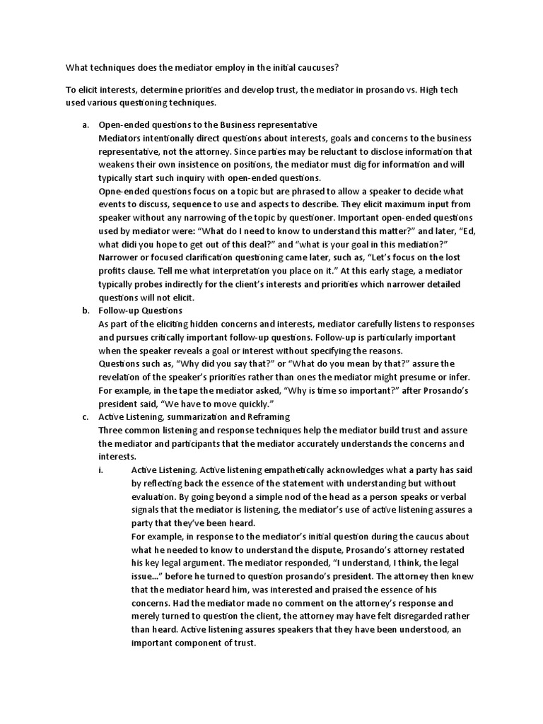 Q9-What Techniques Does The Mediator Employ in The Initial Caucuses | PDF | Mediation | Cognition