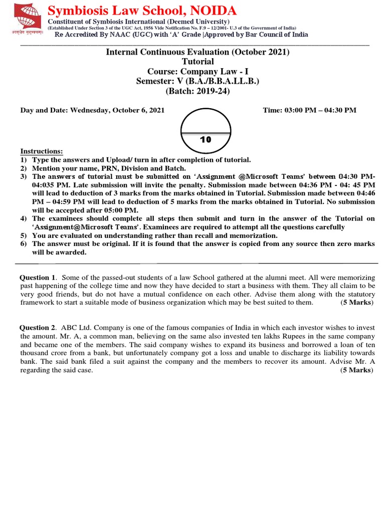 Internal Continuous Evaluation (October 2021) Tutorial Course: Company Law - I Semester: V (B.A ...