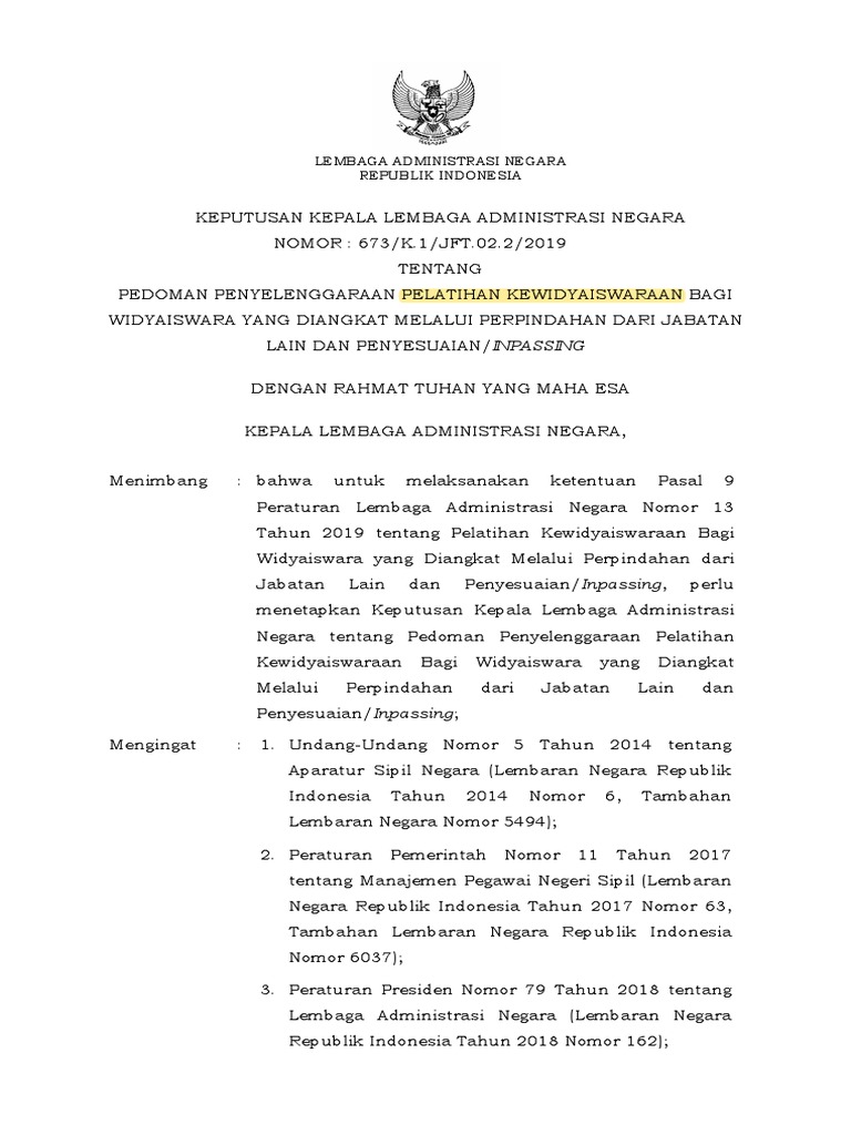 Keputusan Kepala LAN Nomor 673 K.1 JFT.02.2 2019 Tentang Pedoman Penyelenggaraan Inpassing WI | PDF