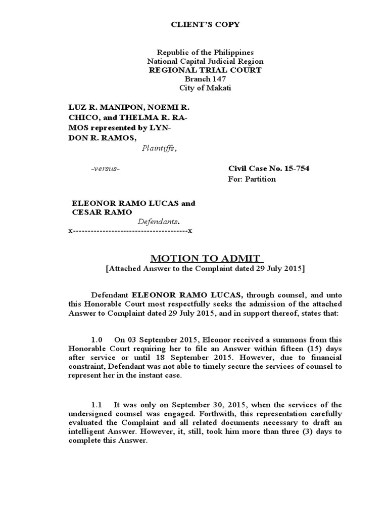 Motion To Admit Answer | PDF | Complaint | Lawsuit