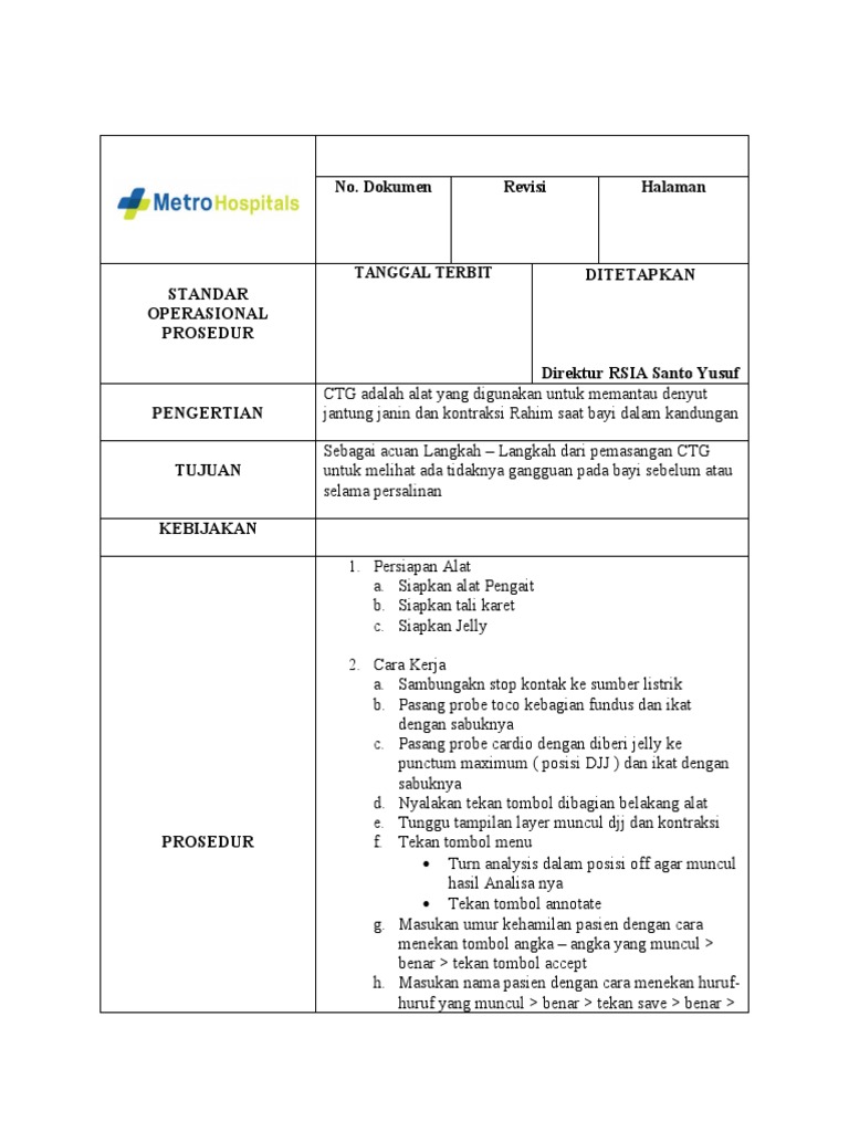 Prosedur Pemasangan dan Pembacaan CTG | PDF