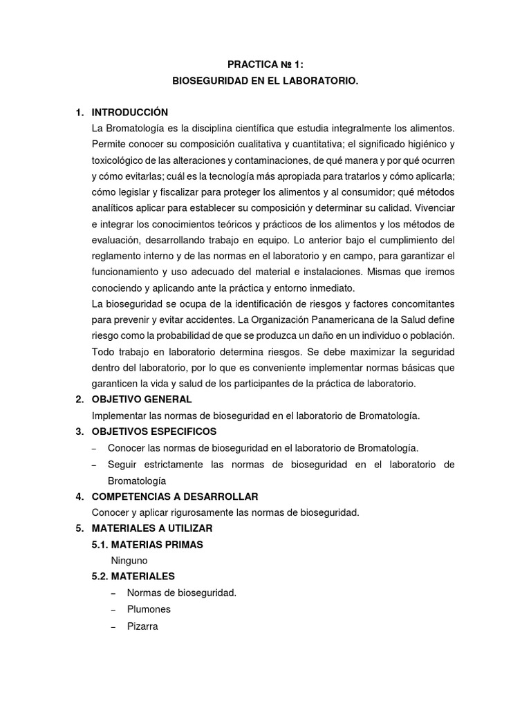 Practica 1: Bioseguridad en El Laboratorio | PDF | Laboratorios | Ciencia de los Alimentos
