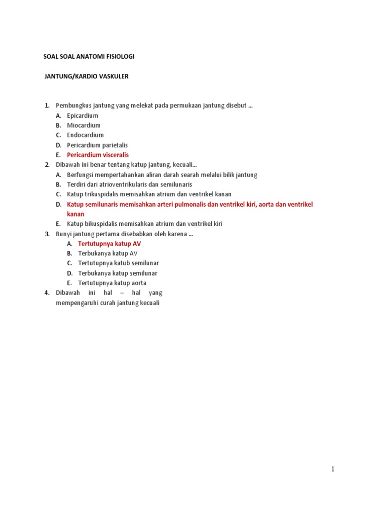 Soal Soal Anatomi Fisiologi Jantung/Kardio Vaskuler: 1. A. B. C. D. E ...