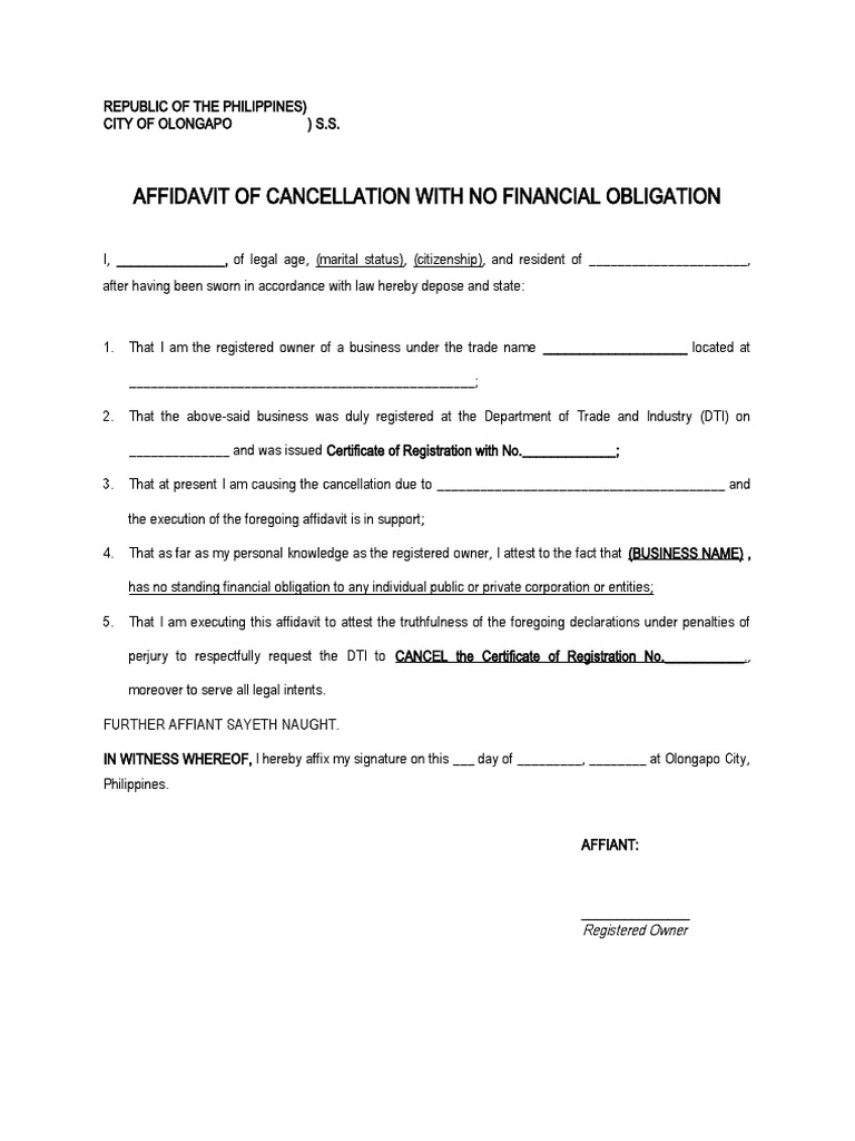 DTI - Affidavit of Cancellation With No Financial Obligation | PDF