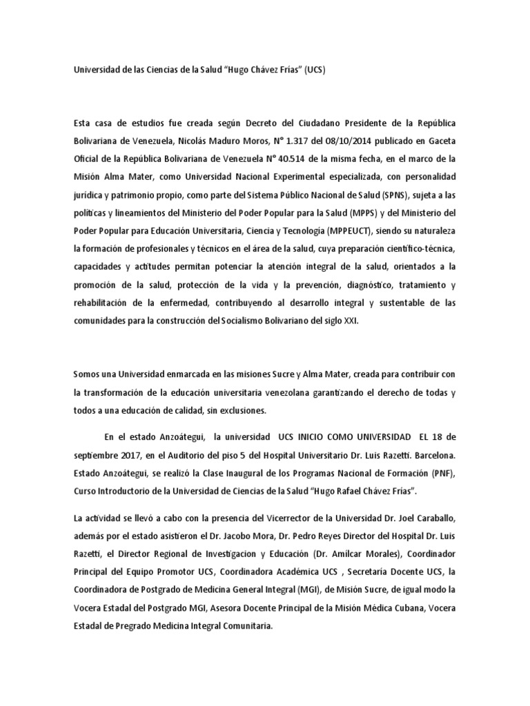 Historia y Misión de la UCS Hugo Chávez | PDF | Ciencias de la Salud