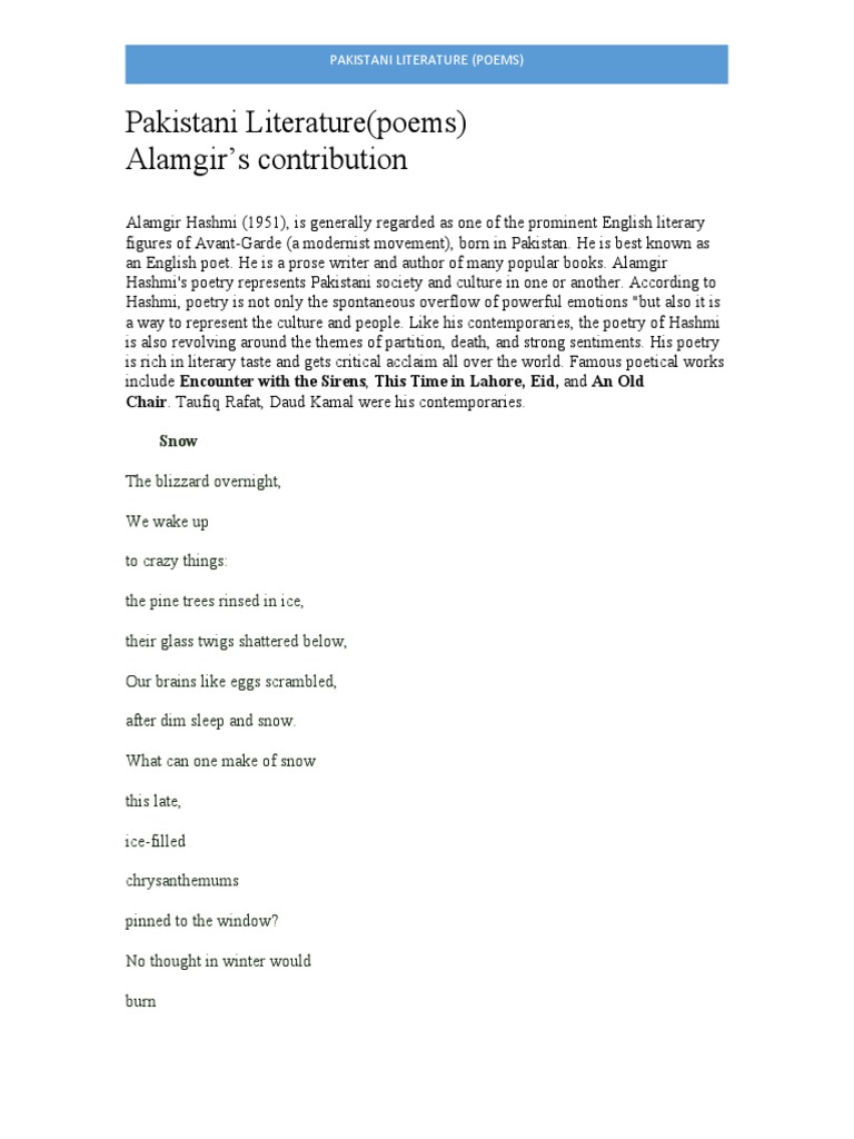 Pakistani Literature (Poems) Alamgir's Contribution: Chair. Taufiq ...