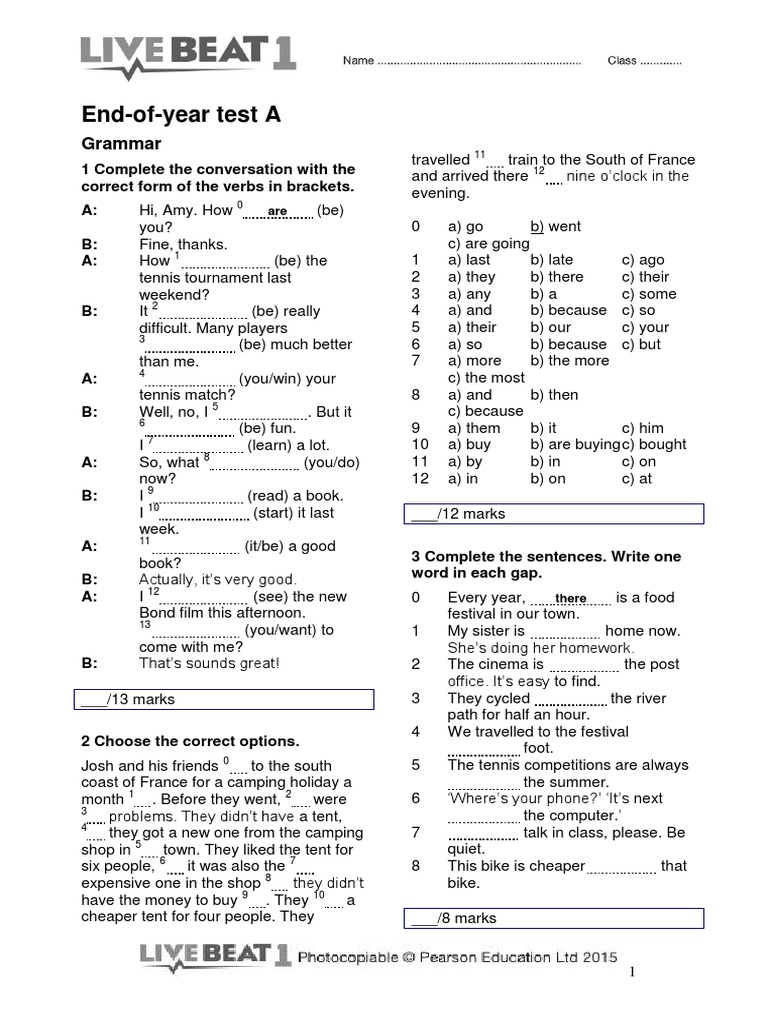 End-Of-Year Test A: Grammar | PDF