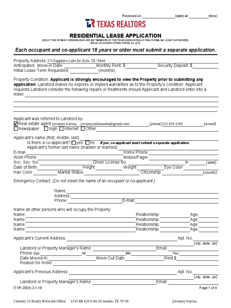 Residential Lease Application (TAR 2003) | PDF | Lease | Landlord