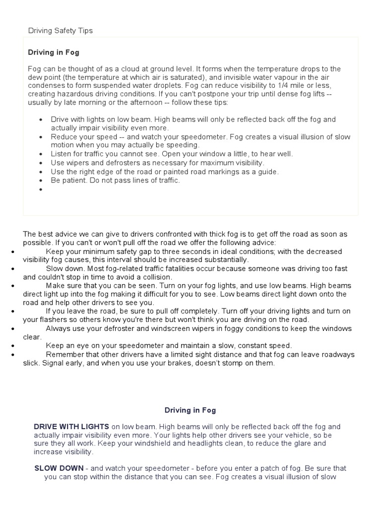 Essential Fog Driving Safety Tips | PDF | Fog | Driving