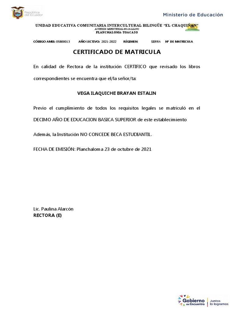Certificado de Matricula .1. | PDF