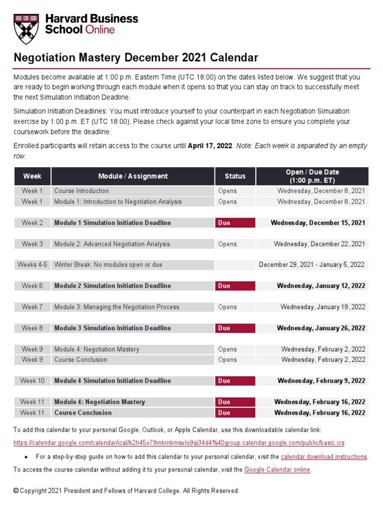 Negotiation Mastery December 2021 Calendar: Week Module / Assignment ...