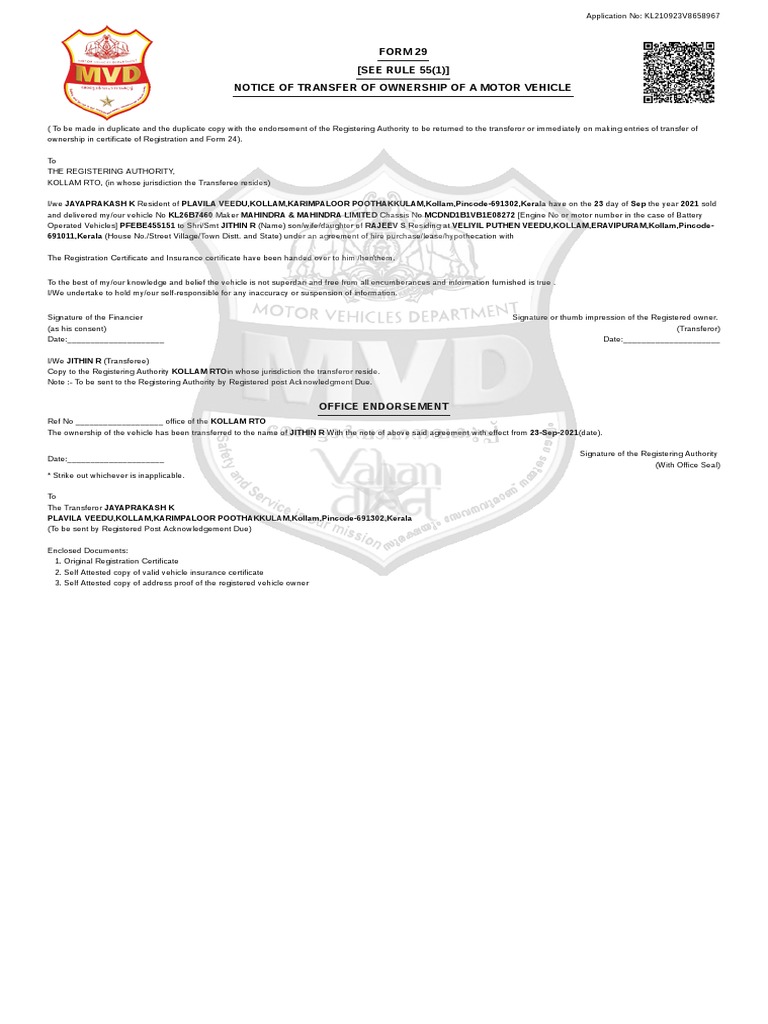 Form 29 (SEE RULE 55 (1) ) Notice of Transfer of Ownership of A Motor ...