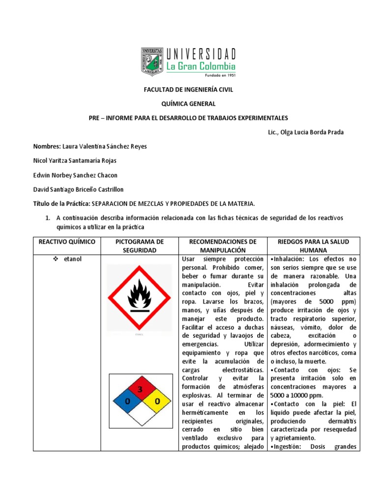Formato para Los Pre-Informes de Laboratorio | PDF | Especialidades Medicas | Química