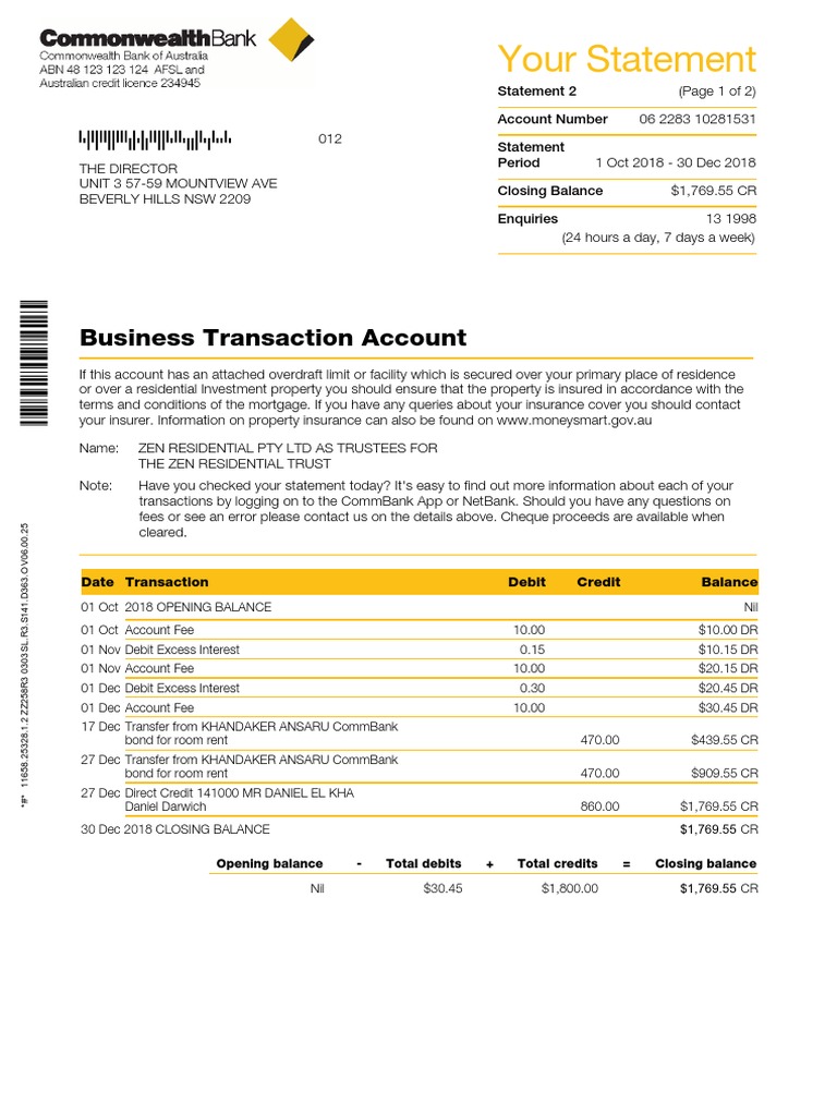 Your Statement: Business Transaction Account | PDF | Debits And Credits ...